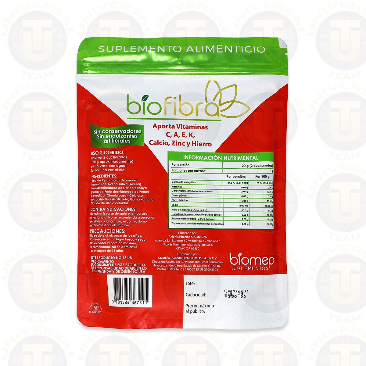 BIOFIBRA, SABOR MANZANA, 300 G – Universal Team