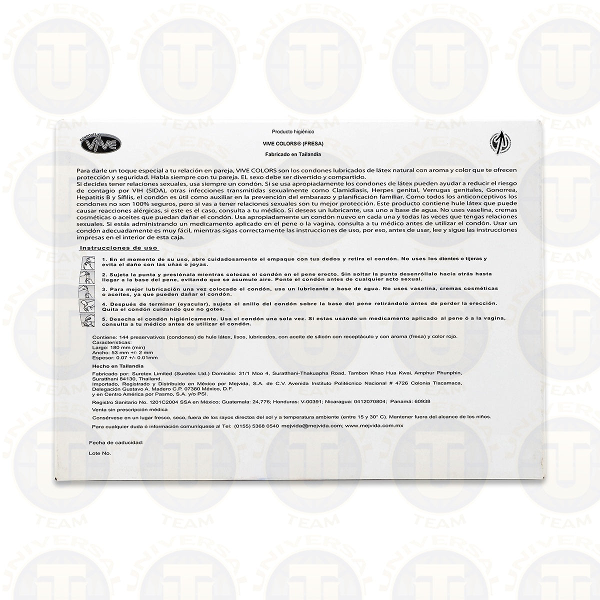 CONDONES VIVE FRESA, 144 CONDONES DE HULE LATEX, MEJVIDA – Universal Team